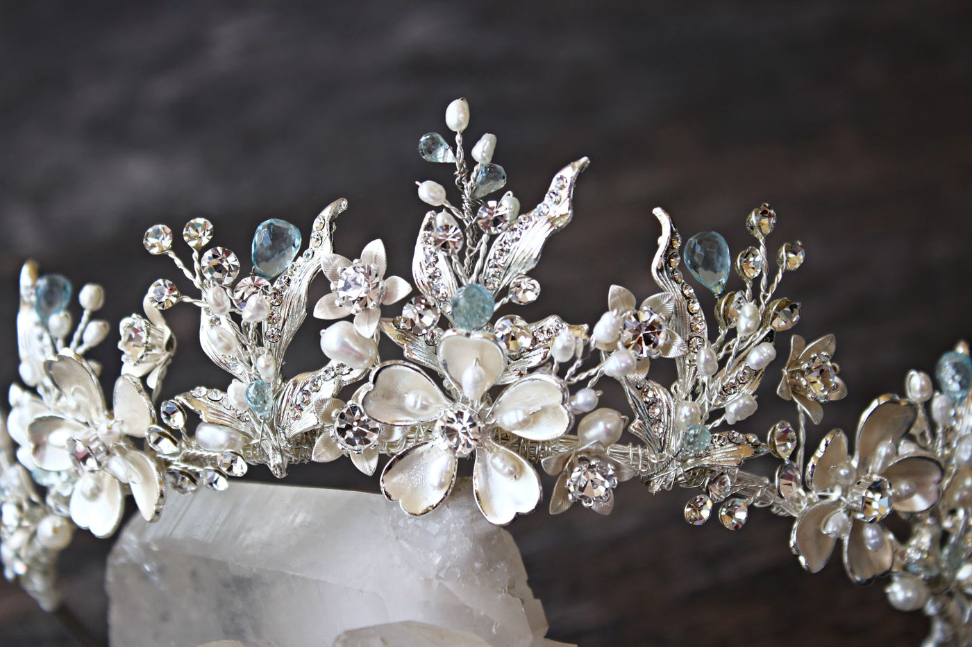 GENEVIEVE Tiara with Genuine Aquamarine and Blue Topaz Gemstone Briole