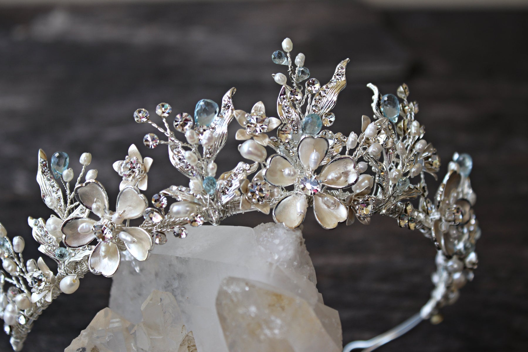 GENEVIEVE Tiara with Genuine Aquamarine and Blue Topaz Gemstone Briole